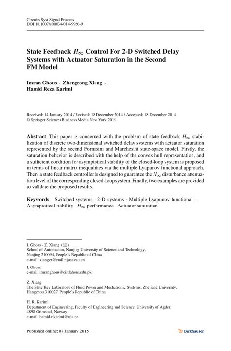 Pdf State Feedback H∞ Control For 2 D Switched Delay Systems With