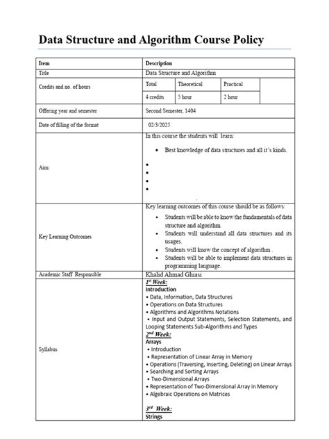 Course Policy And Syllabus Of Data Structure Pdf String Computer Science Applied Mathematics
