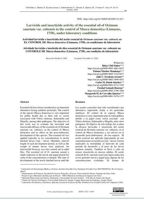 Pdf Larvicide And Insecticide Activity Of The Essential Oil Of Ocimum