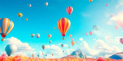 Fleet Of Whimsical Hot Air Balloons Floating Gracefully Through The Sky Generative Ai Stock