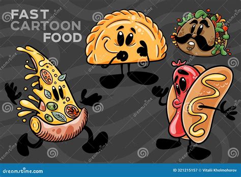 A Set Of Fast Food Cartoon Characters Hand Drawn Vector Illustration
