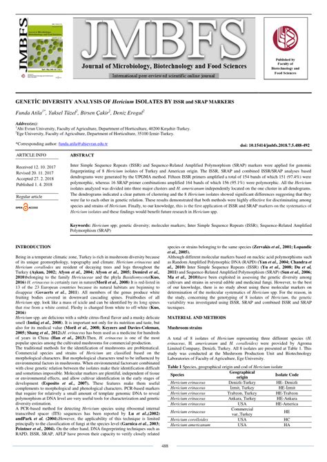 Pdf Genetic Diversity Analysis Of Hericium Isolates By Issr And Srap Markers