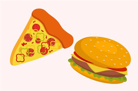 클래식 피자와 햄버거 클로즈업 패스트 푸드 햄버거 샌드위치 포스터 메뉴 레스토랑 광고를위한 디자인 감자 요리에 대한 스톡 벡터