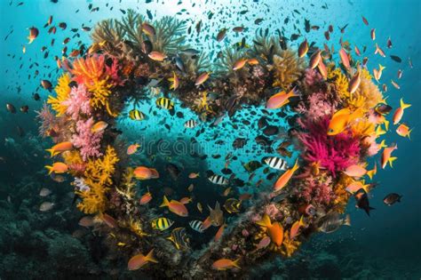 A Mesmerizing Heart Shaped Coral Reef Teeming With Vibrant Fish