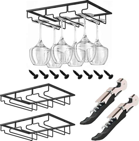 Wine Glass Holder Under Cabinet Screw Mounted With 2 Corkscrew Bottle