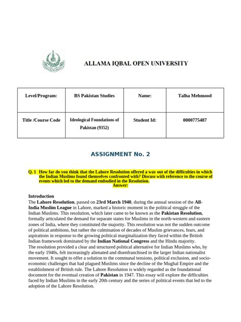 Assignment 2 9352 Pdf Partition Of India All India Muslim League