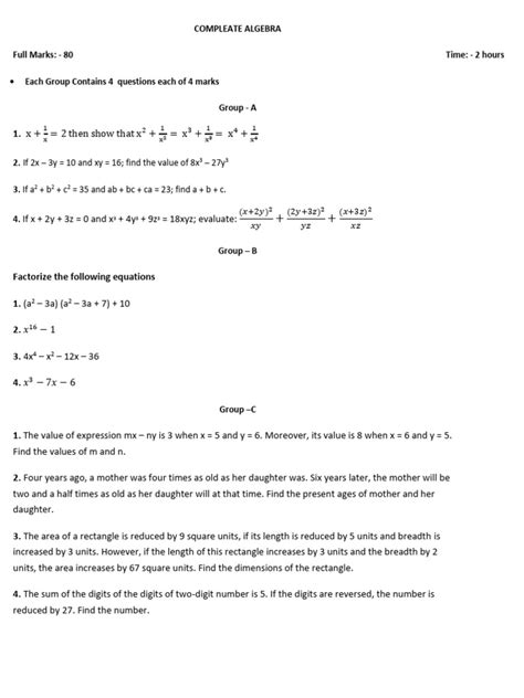 Algebra Exam Questions Pdf