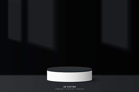 추상적인 검은색 흰색 3d 실린더 연단 받침대 무대는 벽에 창 그림자가 있는 제품 전시를 위해 현실적입니다 창문을 통해 태양이 빛나는 장면 디자인 3d 벡터 렌더링 기하학적