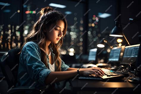 Premium Photo Young Girl Programmer Writing Code On The Keyboard