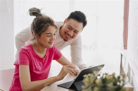 Couple Lover Teaching Each Other To Solve Problem And Work Online Stock Image Image Of