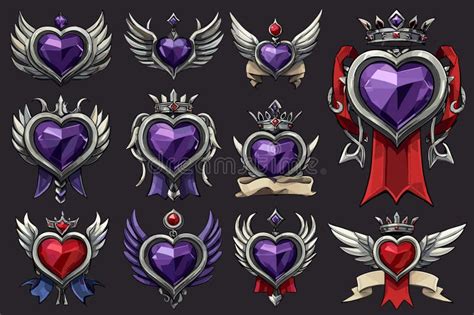Collection Of Unique Heart Shaped Emblems With Wings And Crowns For
