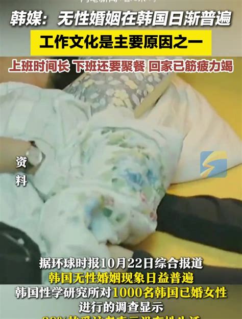 韩媒：无性婚姻在韩国日益普遍，工作文化是主要原因之一。韩国人工作时间长、竞争激烈，很多人下班后还要参加公司聚餐，回家时已精疲力竭，无暇投入到