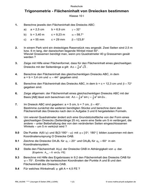 Trigonometrie Flächeninhalt Von Dreiecken Bestimmen