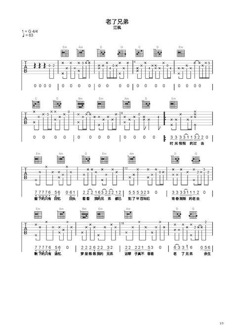 《老了兄弟》吉他简谱c调弹唱谱江枫 吉他曲谱 师谦曲谱网