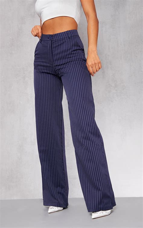 Navy Pinstripe High Waist Straight Leg Trousers Co Ords