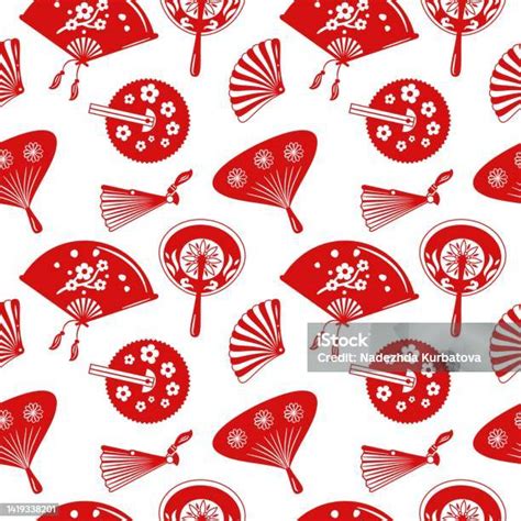 손 팬 원활한 패턴 빨간 실루엣 동양 유행 종이 부속품 문화 골동품 물건 다른 중국 디자인 항목 전통 기념품 화려한 벡터 배경 개인 장식품에 대한 스톡 벡터 아트 및 기타