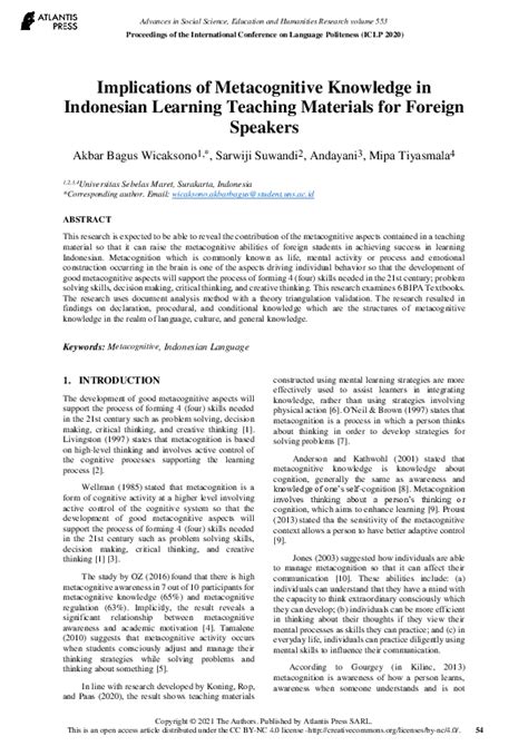 Pdf Implications Of Metacognitive Knowledge In Indonesian Learning Teaching Materials For