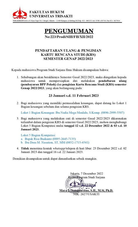 PENGUMUMAN PENDAFTARAN ULANG PENGISIAN KARTU RENCANA STUDI KRS