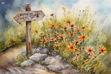 Premium Ai Image Rustic Road Sign Watercolor Art