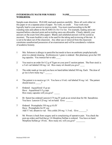 Math 67 Questions Math Practice Intermediate Math For Nurses Name