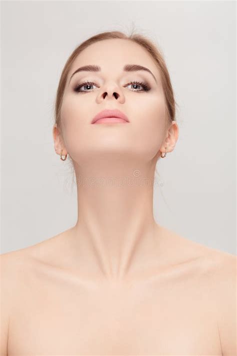 Portrait Of Female Neck On Grey Background Closeup Girl With C Stock