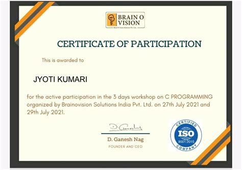 Jyoti K On Linkedin Programming Brainovision Certificate Workshop