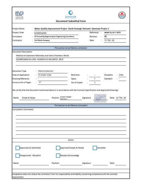Wqip D1 Ilf T 0203 V2 Method Statement For Manholes And Valve Chambers Works Pdf Concrete