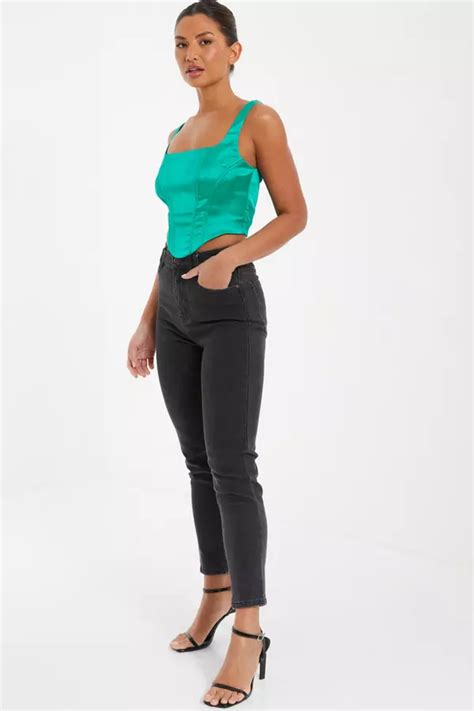 Green Satin Corset Crop Top Quiz Clothing