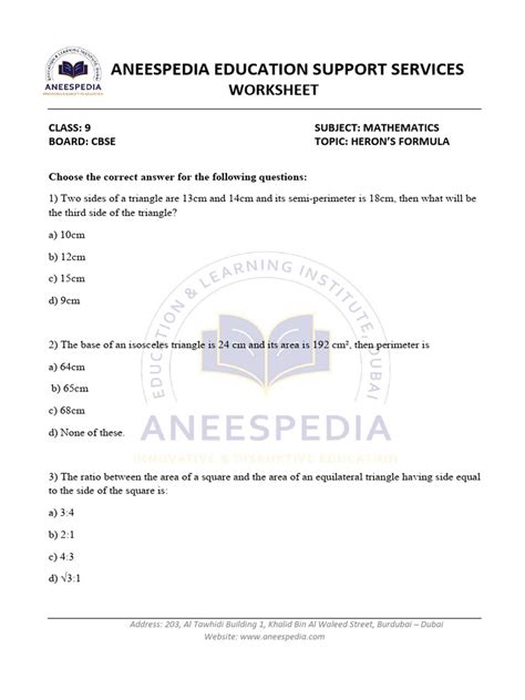 9 Cbse Math Herons Formula 2 Pdf