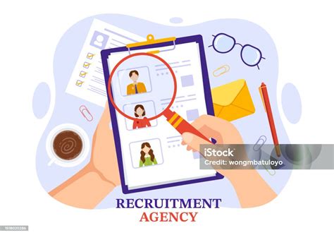 채용 대행사 벡터 일러스트레이션은 관리자가 평면 만화 손으로 그린 배경 템플릿에서 일자리 후보자를 검색하는 것입니다 객실 있음에 대한 스톡 벡터 아트 및 기타 이미지