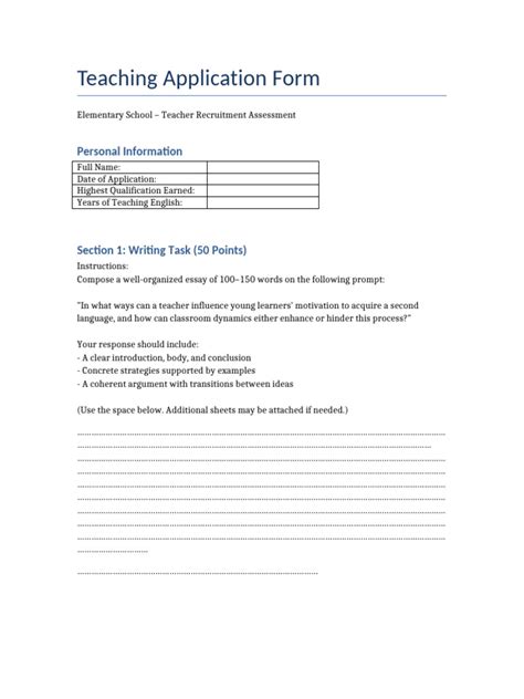 English Teaching Application Form Pdf
