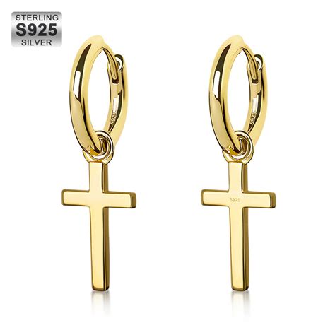 14k Goldwhite Gold Sterling Silver Dangle Cross Hoop Mens Earrings Kr
