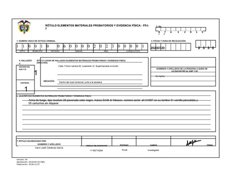 FPJ 7 Rotulo Cadena de Custodia RÓTULO ELEMENTOS MATERIALES