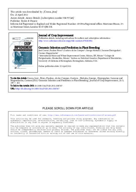 Pdf Journal Of Crop Improvement Genomic Selection And Prediction In Plant Breedingpdf