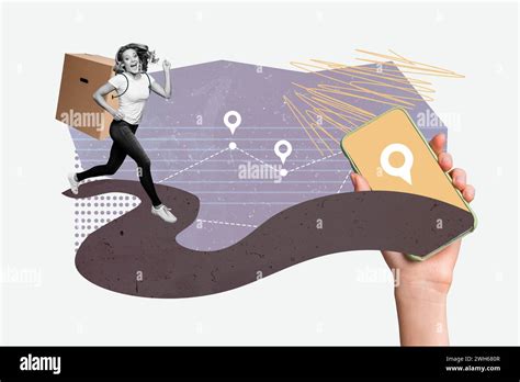3d Magazine Collage Image Of Funny Hurrying Lady Running Delivering