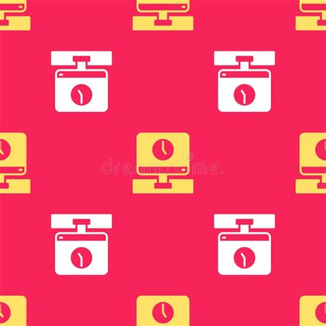 Yellow Computer Monitor Time Icon Isolated Seamless Pattern On Red Background Electronic Device