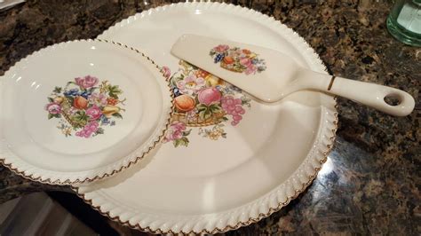 Vintage Harker Pottery Ambrosia China 22 Kt Gold Trim Cake Plate Set