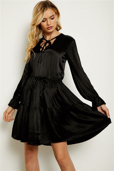 Black Drawstring Waist Tunic Dress