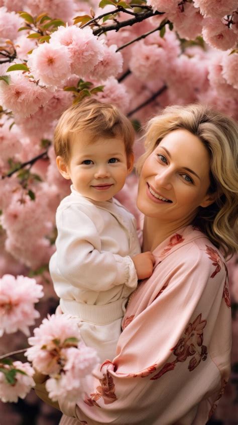 Premium Photo Mother And Son In The Flower Garden