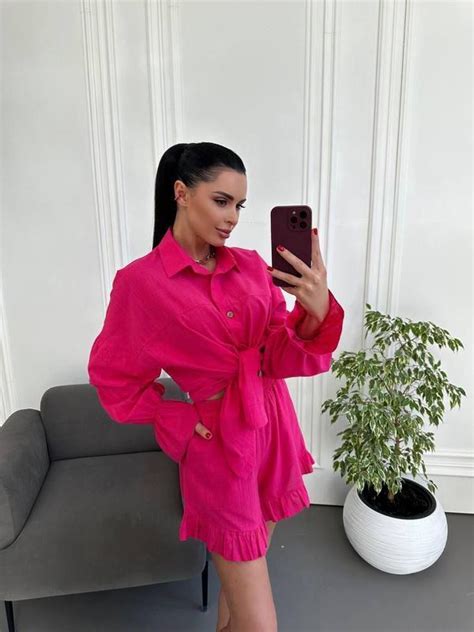 Легкий летний льняной костюм женский комплект рубашка и шорты оверсайз Id 2569923207 цена