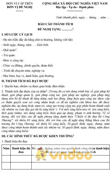 Mẫu báo cáo thành tích đề nghị tặng danh hiệu Chiến sĩ thi đua Bộ Công