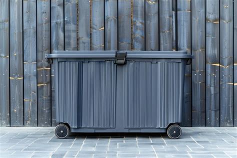 Gray Rolling Storage Container Against A Wooden Wall In An Outdoor