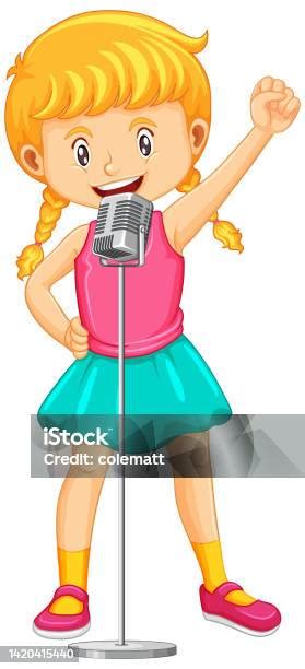 สาวน่ารักร้องเพลงด้วยไมโครโฟน ภาพประกอบสต็อก ดาวน์โหลดรูปภาพตอนนี้ การถ่ายทำภาพยนตร์ การ