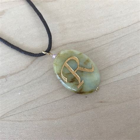 Soo Chow Jade Pendant With Sandblasted Initial R Faceted Cz 14k Gold