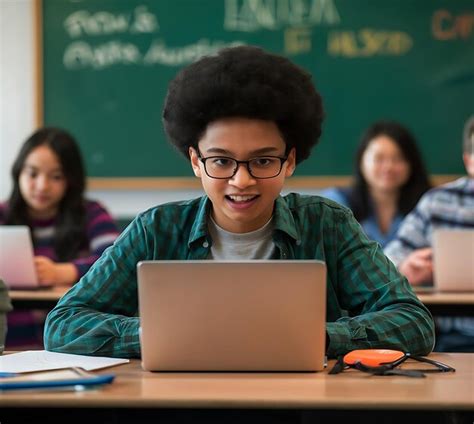 Student Using Laptop In Classroom Premium Ai Generated Image