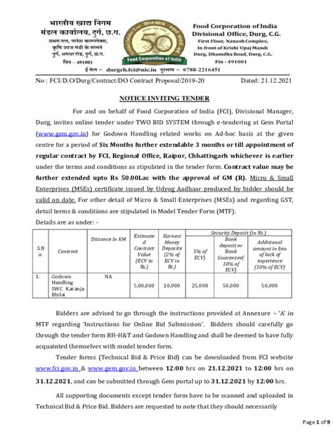 Fillable Online Fci Gov TENDER PAPER Food Odisha Fax Email Print