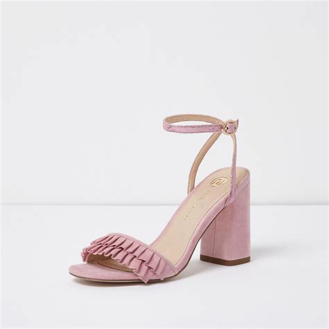 River Island Suede Pink Frill Strap Block Heel Sandals Lyst