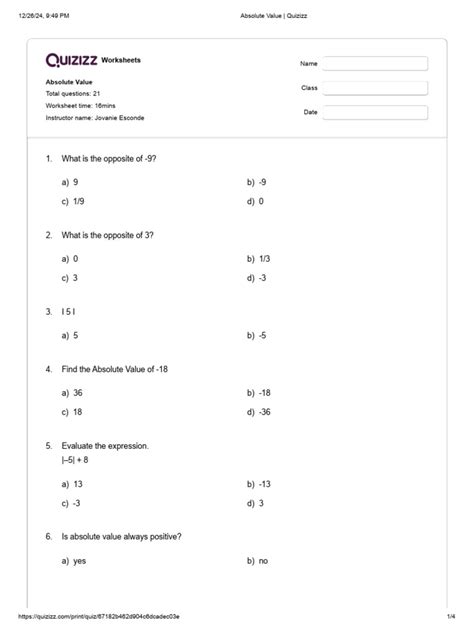 Absolute Value Quizizz Pdf Numbers Integer