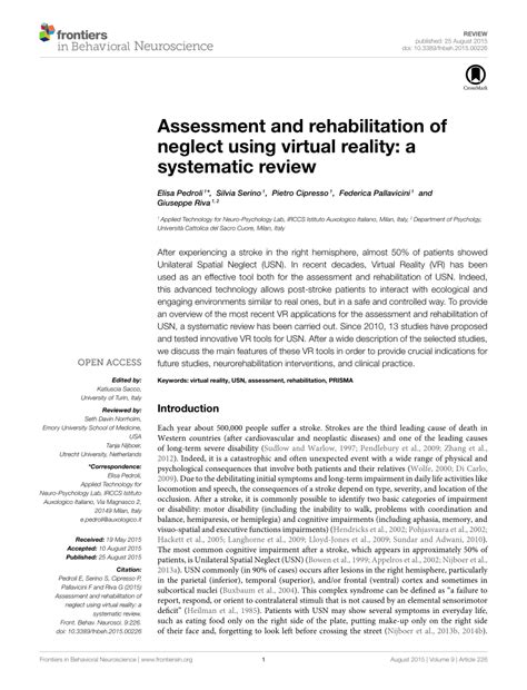 Pdf Assessment And Rehabilitation Of Neglect Using Virtual Reality A