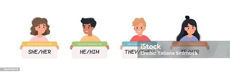 성별 대명사 다른 대명사 남성 여성 및 비 바이너리 문자와 표지판을 들고 사람들 플랫 스타일의 벡터 일러스트레이션 대명사에 대한 스톡 벡터 아트 및 기타 이미지 Istock